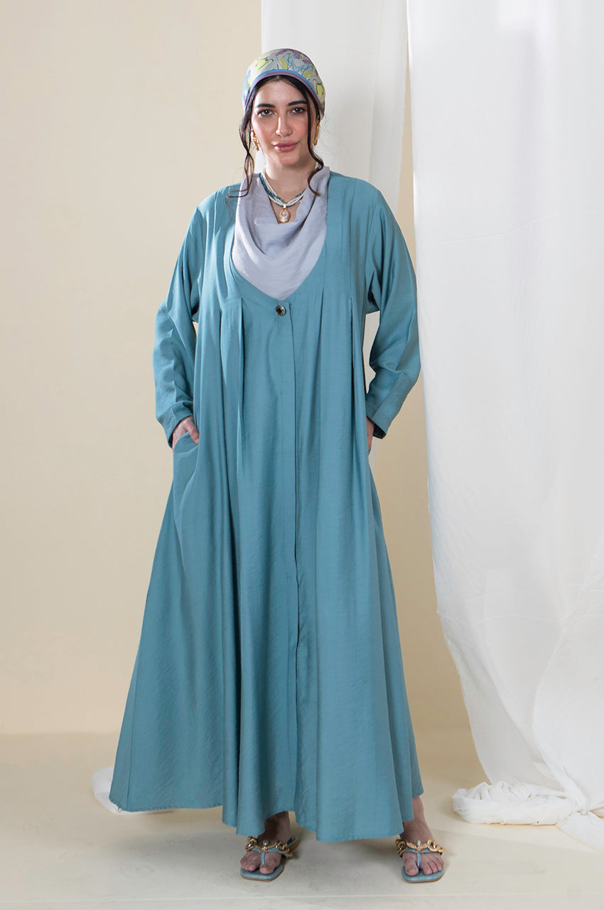 Ice Blue Button-Down Abaya with Cowl Neck Inner | Shop Abaya – MUMTAZ