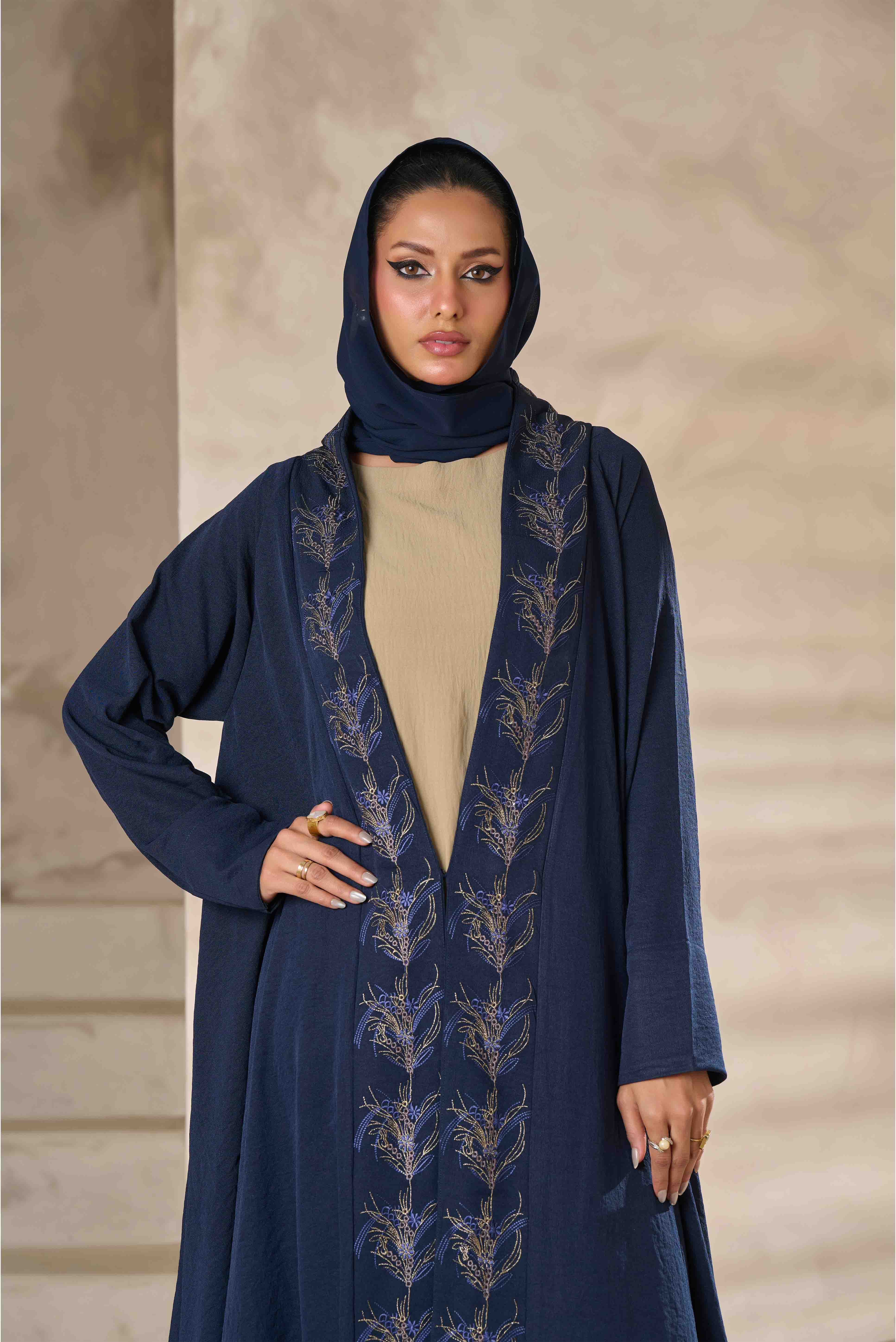 Embroidered Navy Open Front 2 pc Abaya | Shop Occasion Wear – MUMTAZ